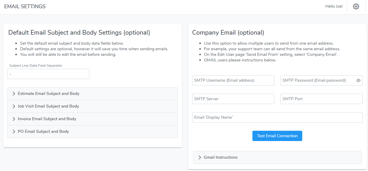 Company Email Settings | Bella FSM Help Center